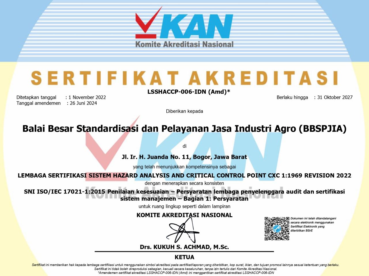 Sertifikasi Sistem HACCP dan Manajemen Keamanan Pangan ISO 22000 - BBSPJIA